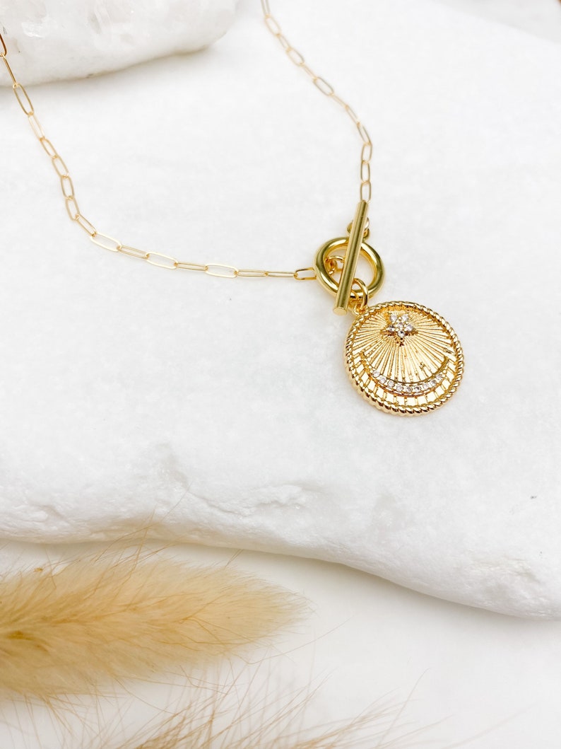 Gold Filled Paperclip Chain Necklace, Celestial Toggle Pendant - Etsy