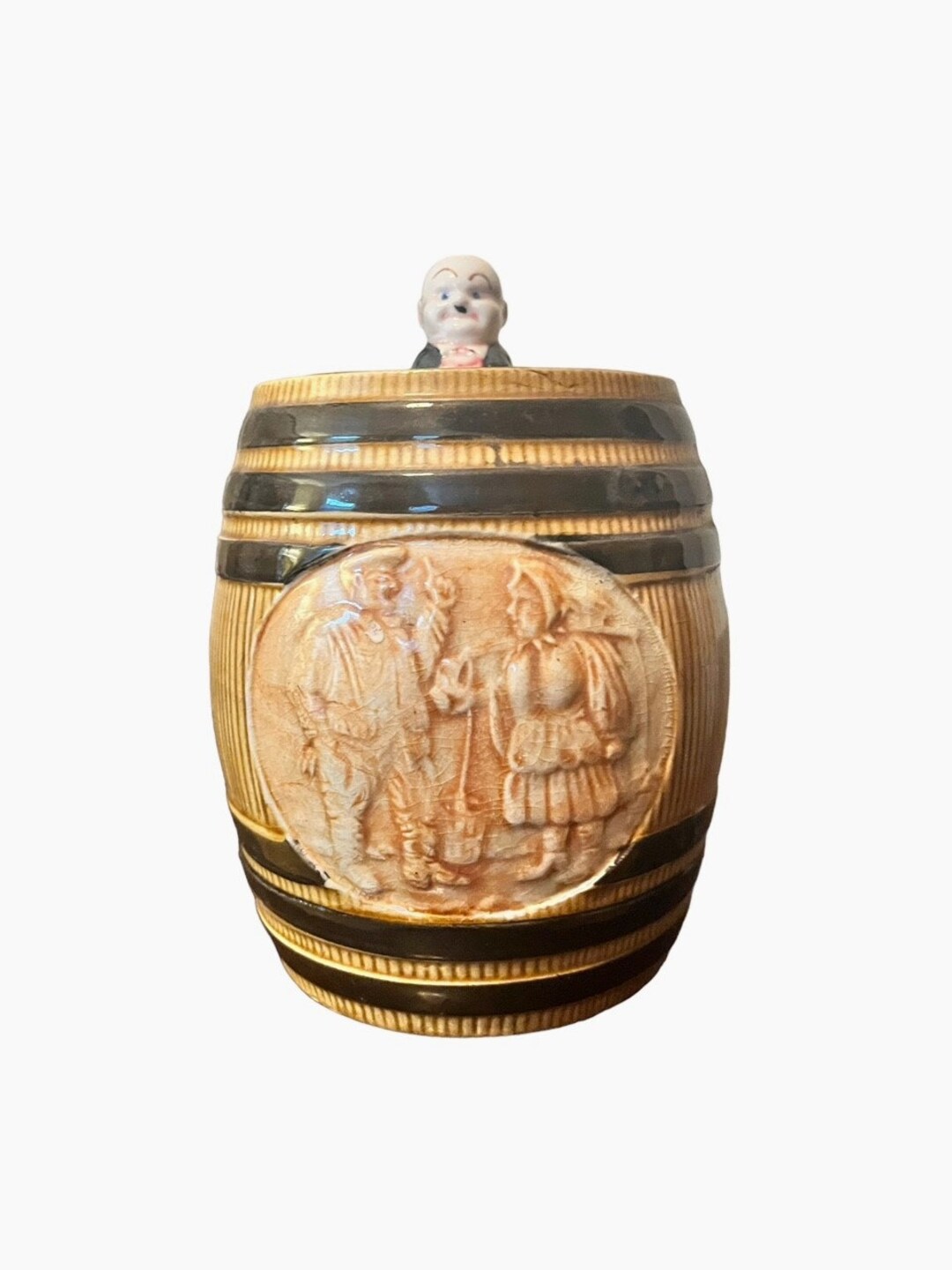 Vintage '50s Ceramic Barrel Cookie Jar With Farm Couple & Little Man on ...