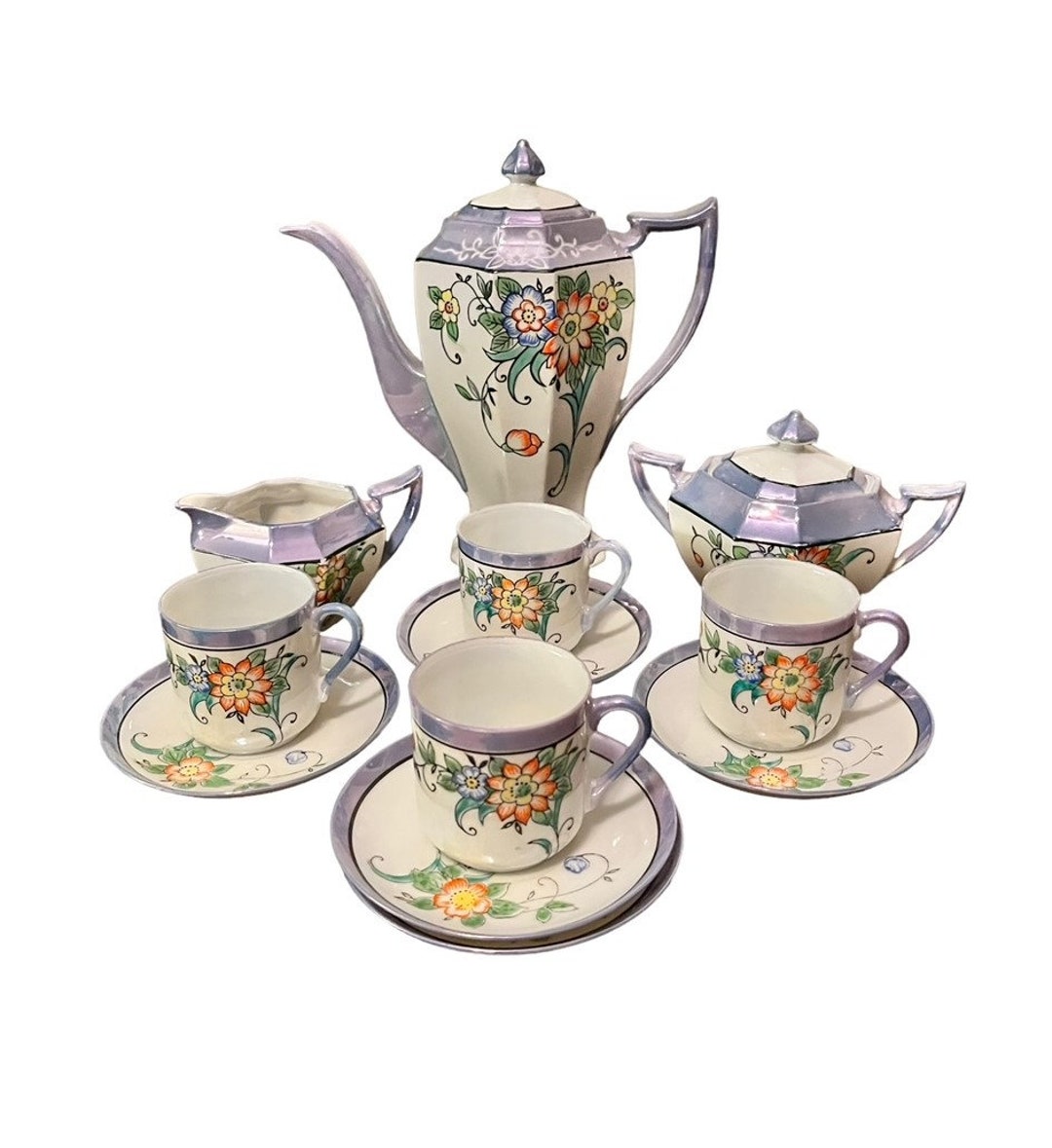 Vintage '80s Twelve-piece Blue & White Lusterware Tea Set, Made in ...