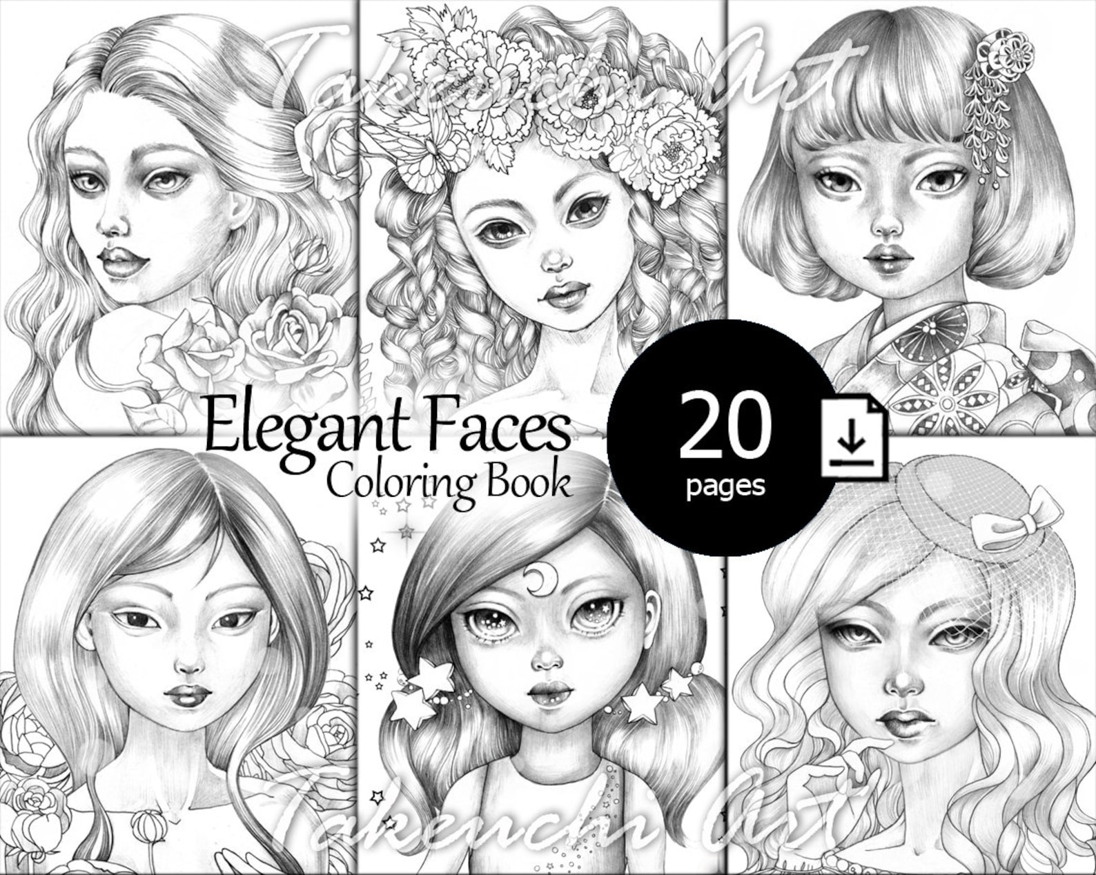 Elegant Faces Coloring Book - Instant Download Printable Digital Art ...