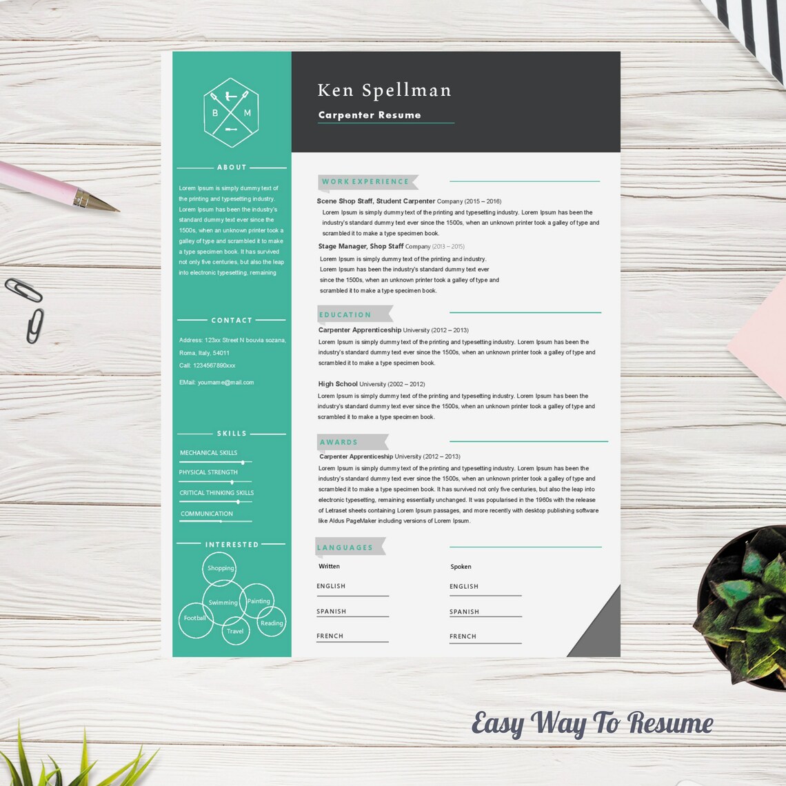 Carpenter Template in "word" and "pages" Format Fully Customizable With ...