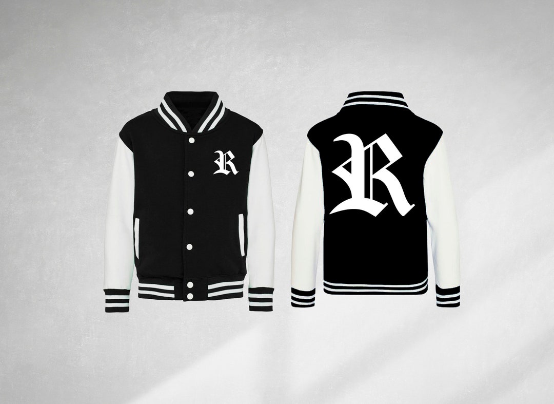 Personalised Goth Kids Varsity Jacket With Initial in Gothic Typography ...