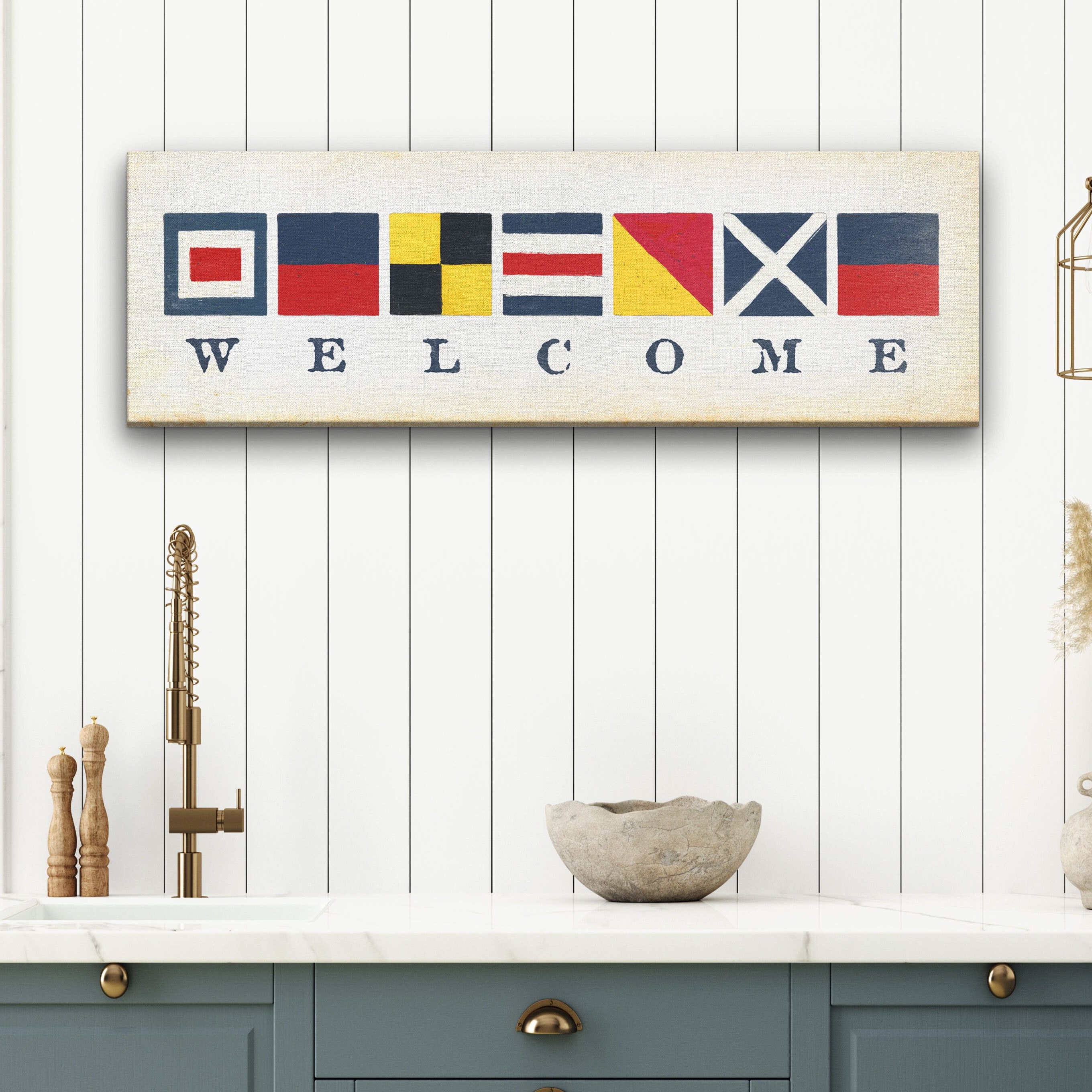Nautical Flag Welcome Sign, Coastal Wall Decor Sign, Vintage Nautical ...