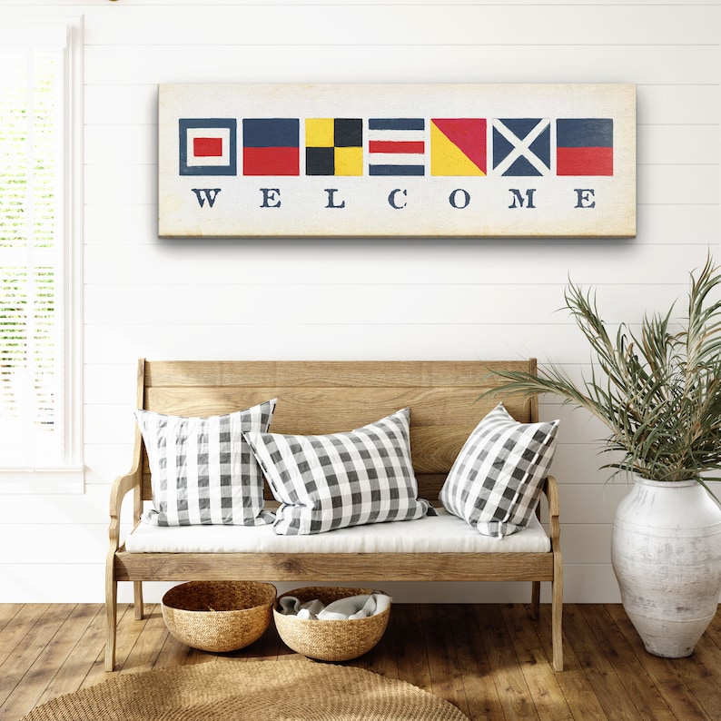 Nautical Flag Welcome Sign, Coastal Wall Decor Sign, Vintage Nautical ...