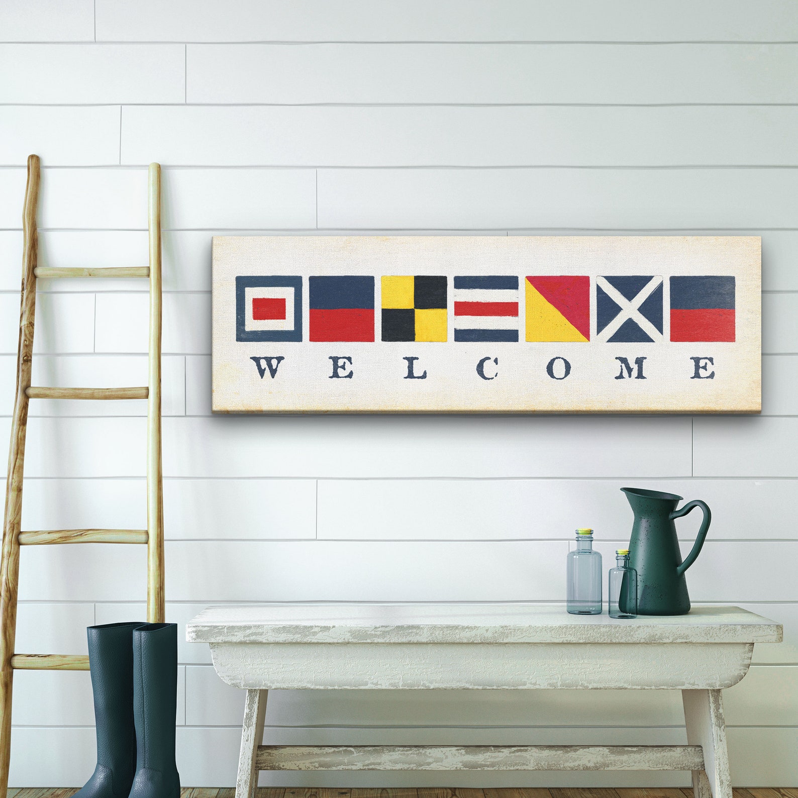 Nautical Flag Welcome Sign, Coastal Wall Decor Sign, Vintage Nautical ...