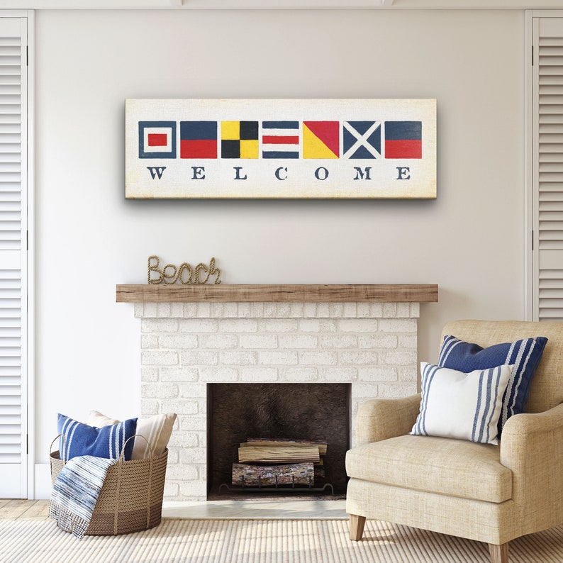Nautical Flag Welcome Sign, Coastal Wall Decor Sign, Vintage Nautical ...