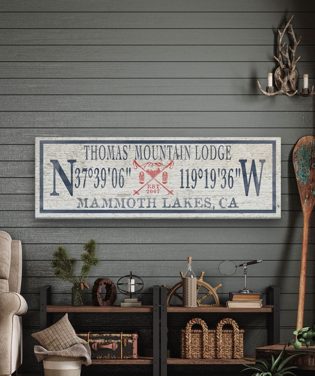 Ski Lodge Sign, Ski Lodge Decor, Personalized Coordinates Sign, Family ...