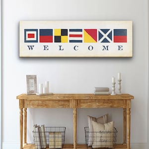 Nautical Flag Welcome Sign, Coastal Wall Decor Sign, Vintage Nautical ...