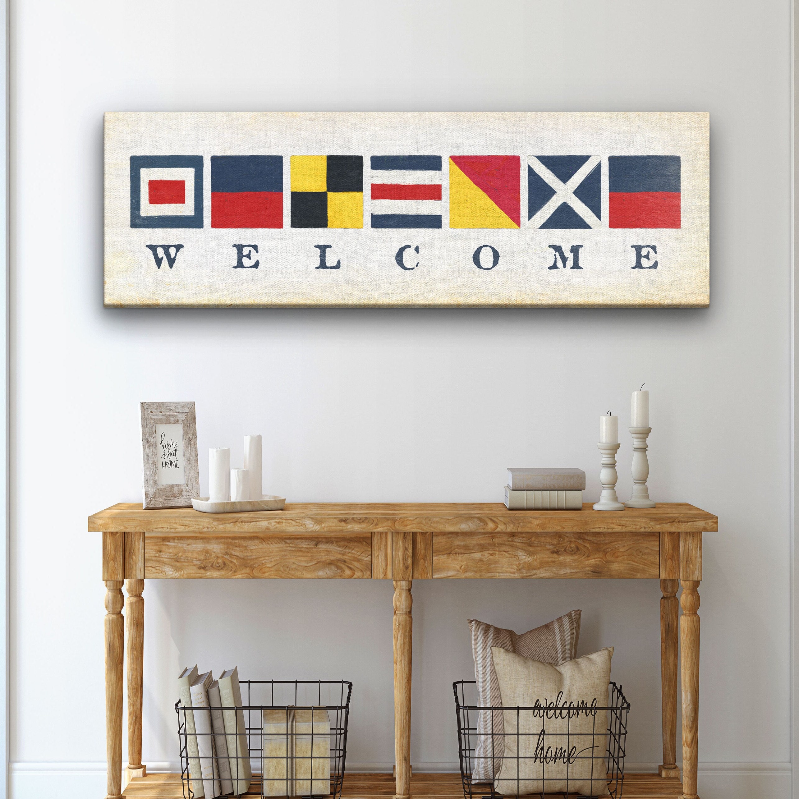 Nautical Flag Welcome Sign, Coastal Wall Decor Sign, Vintage Nautical ...