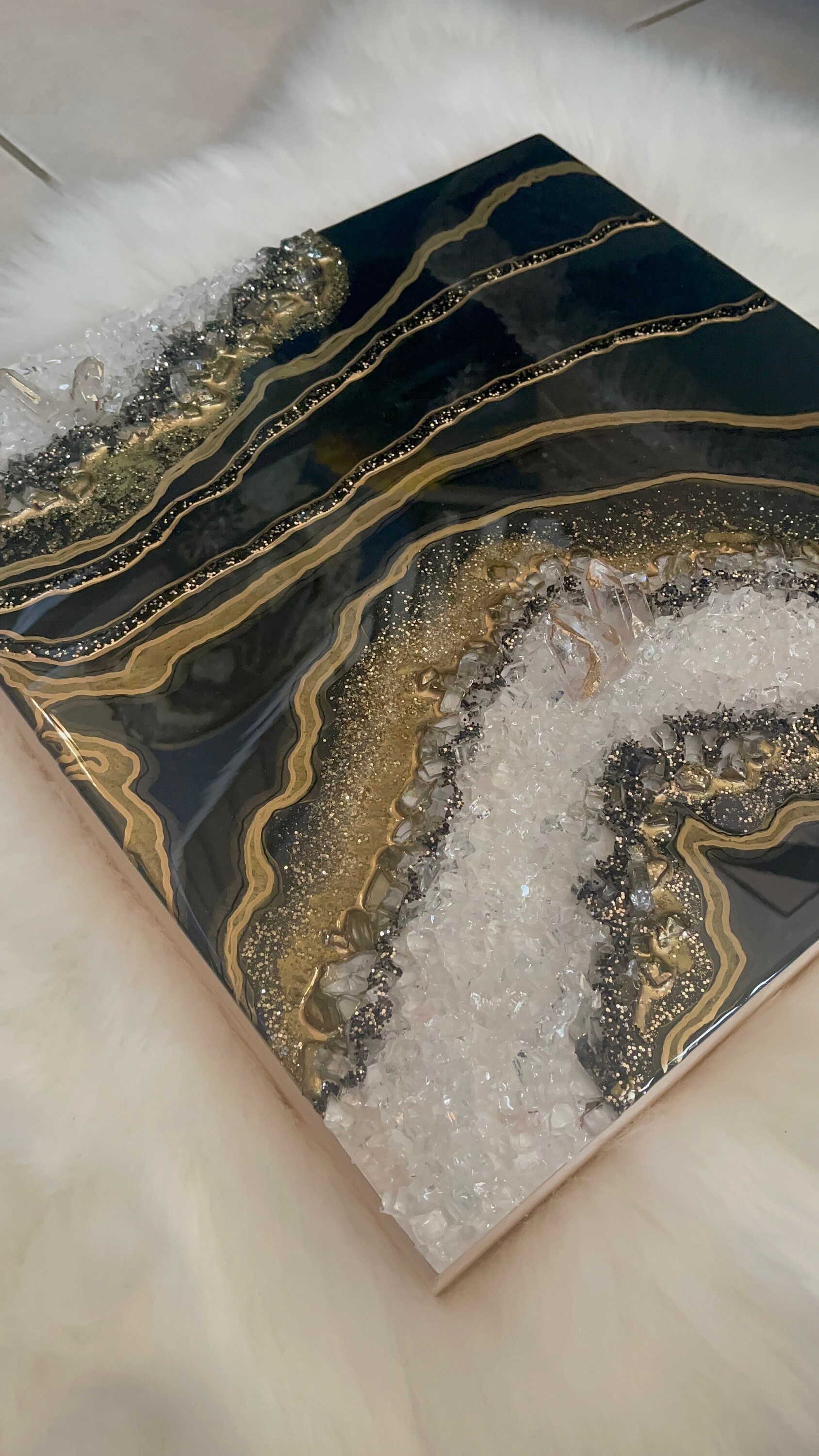 Luxe Black Geode Inspired Wall Art With Gold Accent, Quartz Art, Quartz ...