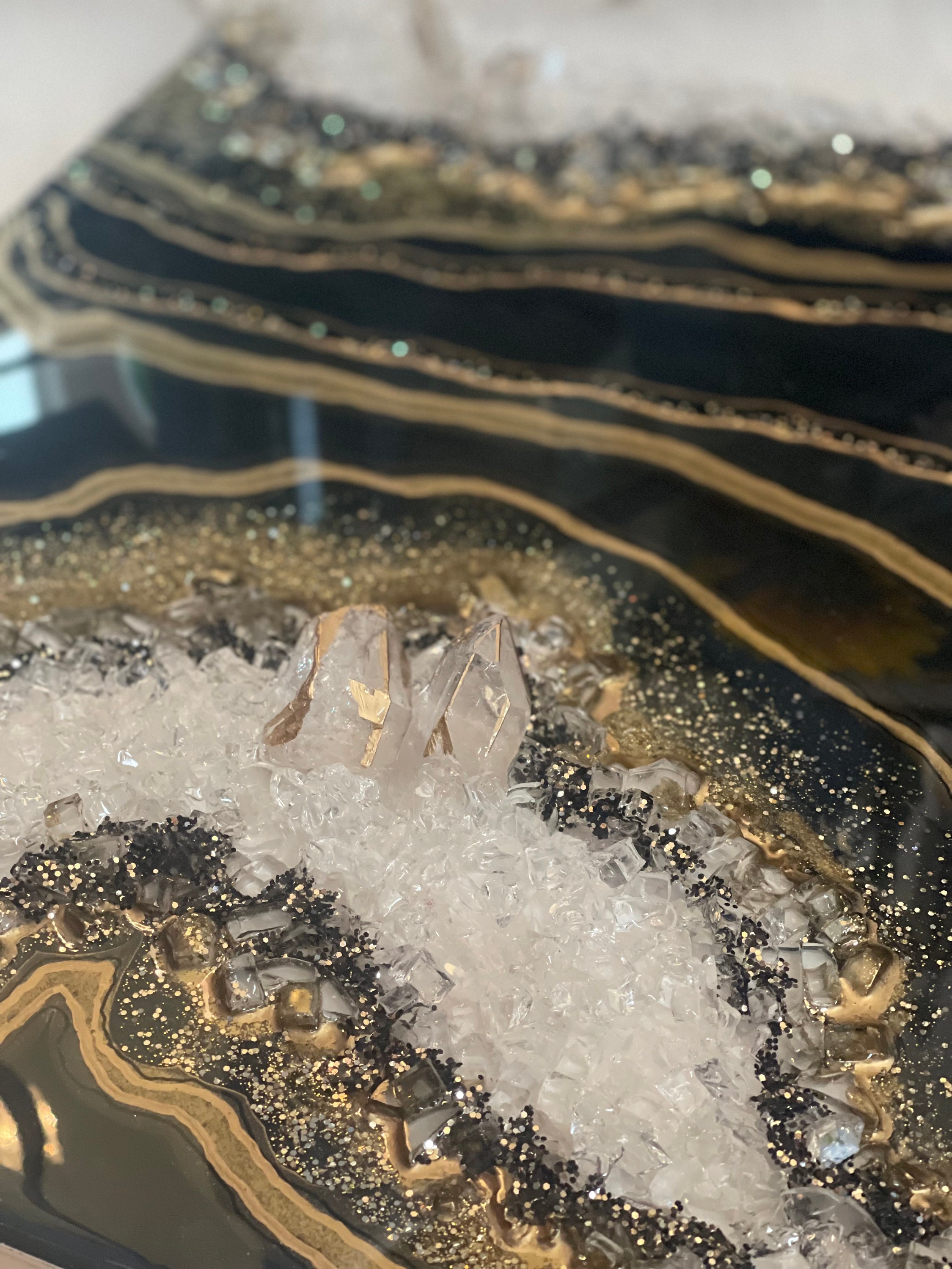 Luxe Black Geode Inspired Wall Art With Gold Accent, Quartz Art, Quartz ...