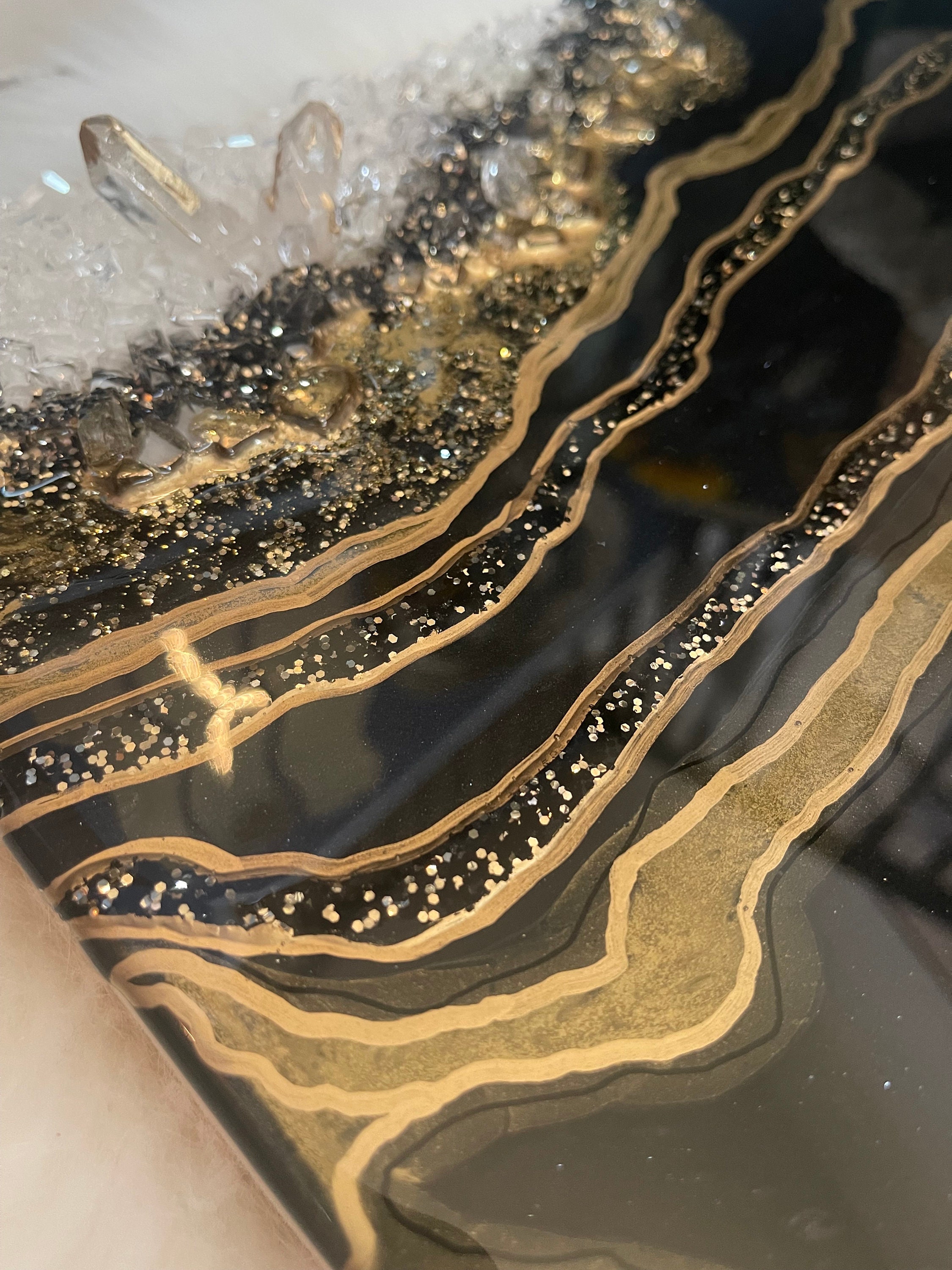 Luxe Black Geode Inspired Wall Art With Gold Accent, Quartz Art, Quartz ...