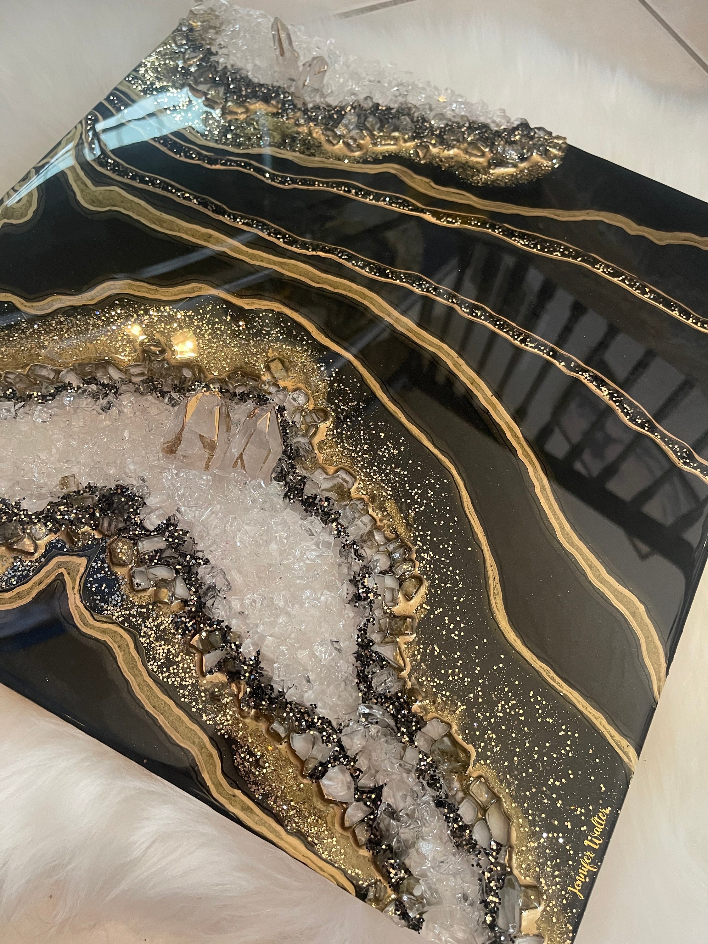 Luxe Black Geode Inspired Wall Art With Gold Accent, Quartz Art, Quartz ...