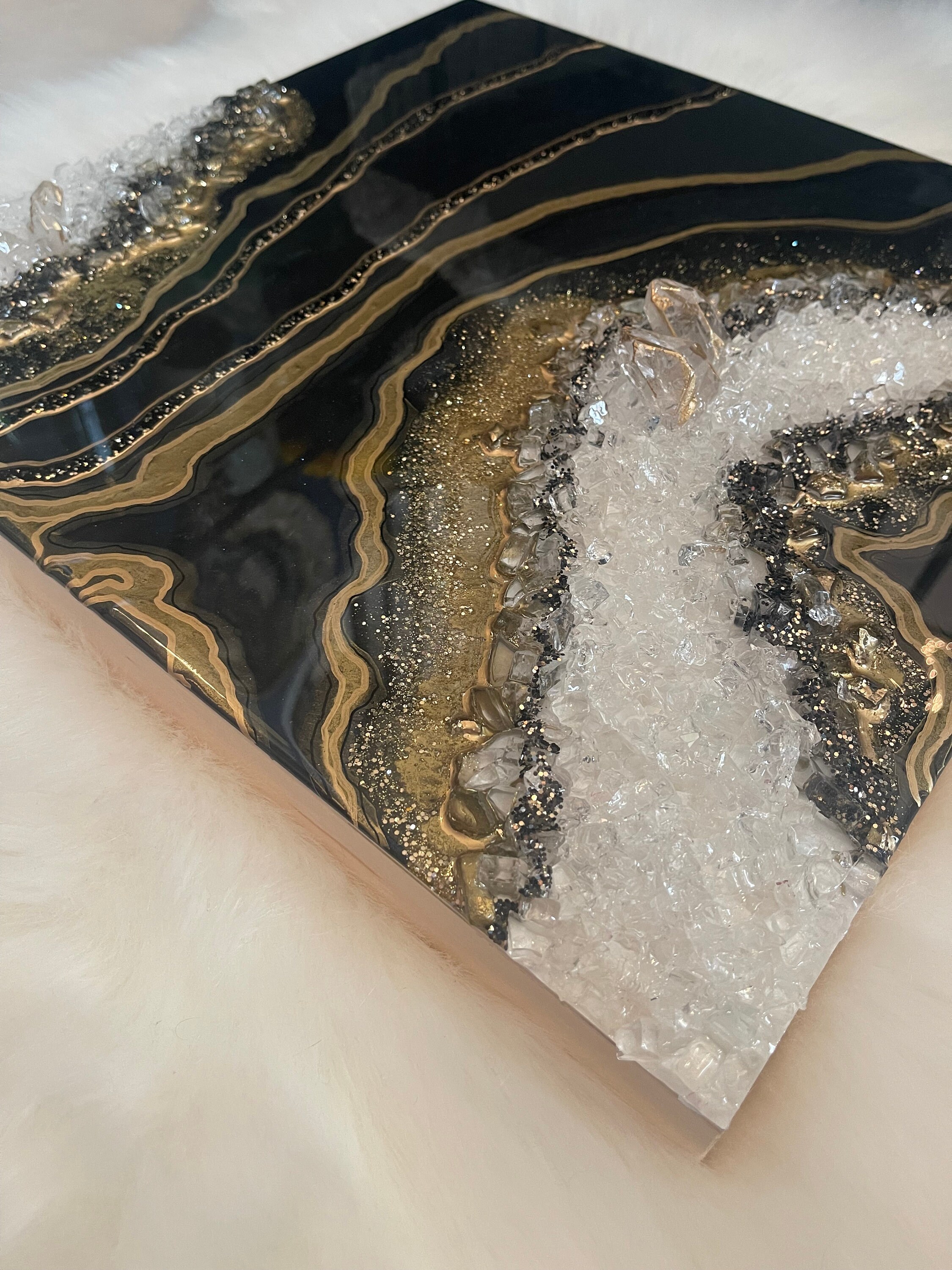 Luxe Black Geode Inspired Wall Art With Gold Accent, Quartz Art, Quartz ...