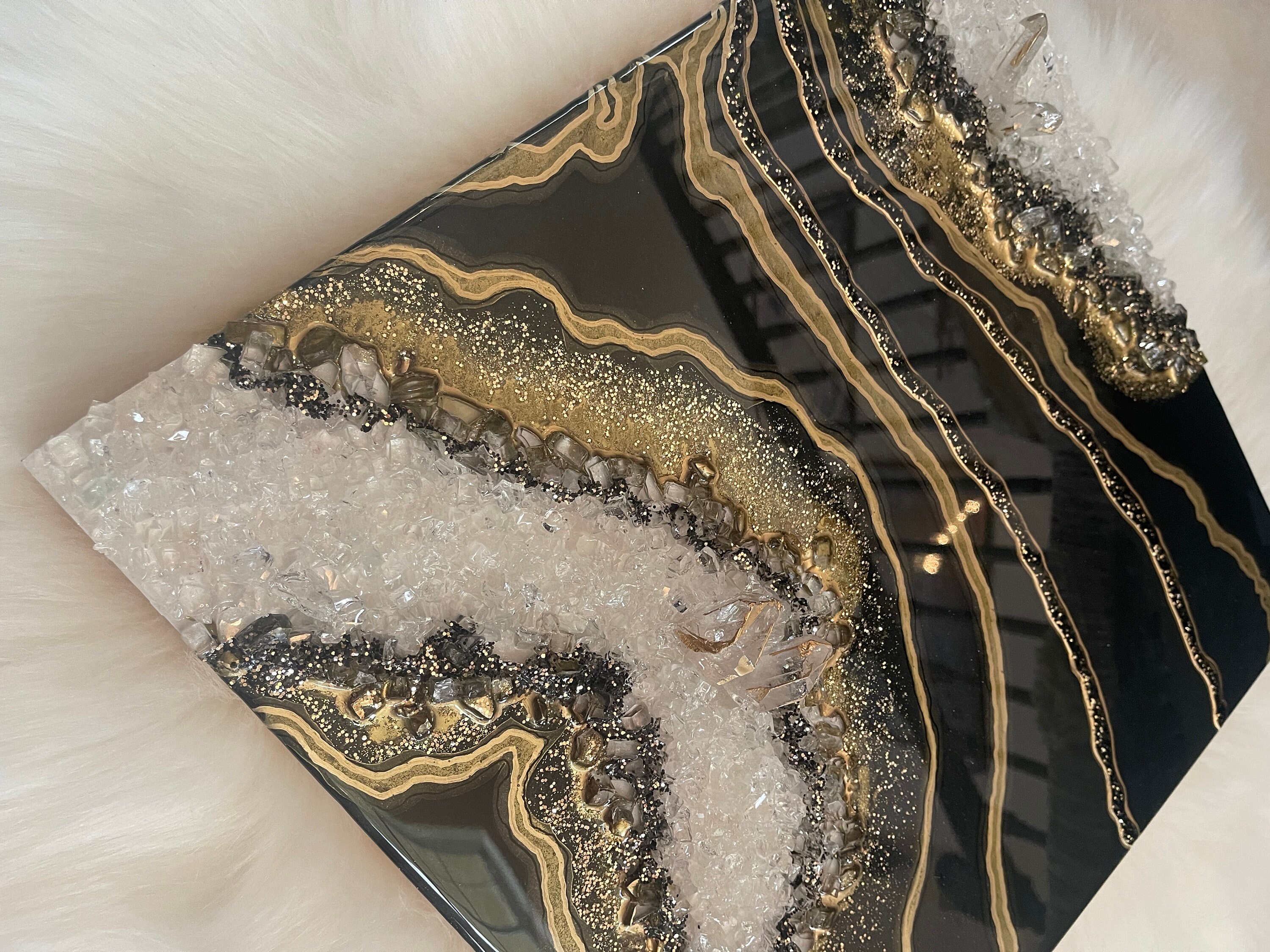 Luxe Black Geode Inspired Wall Art With Gold Accent, Quartz Art, Quartz ...