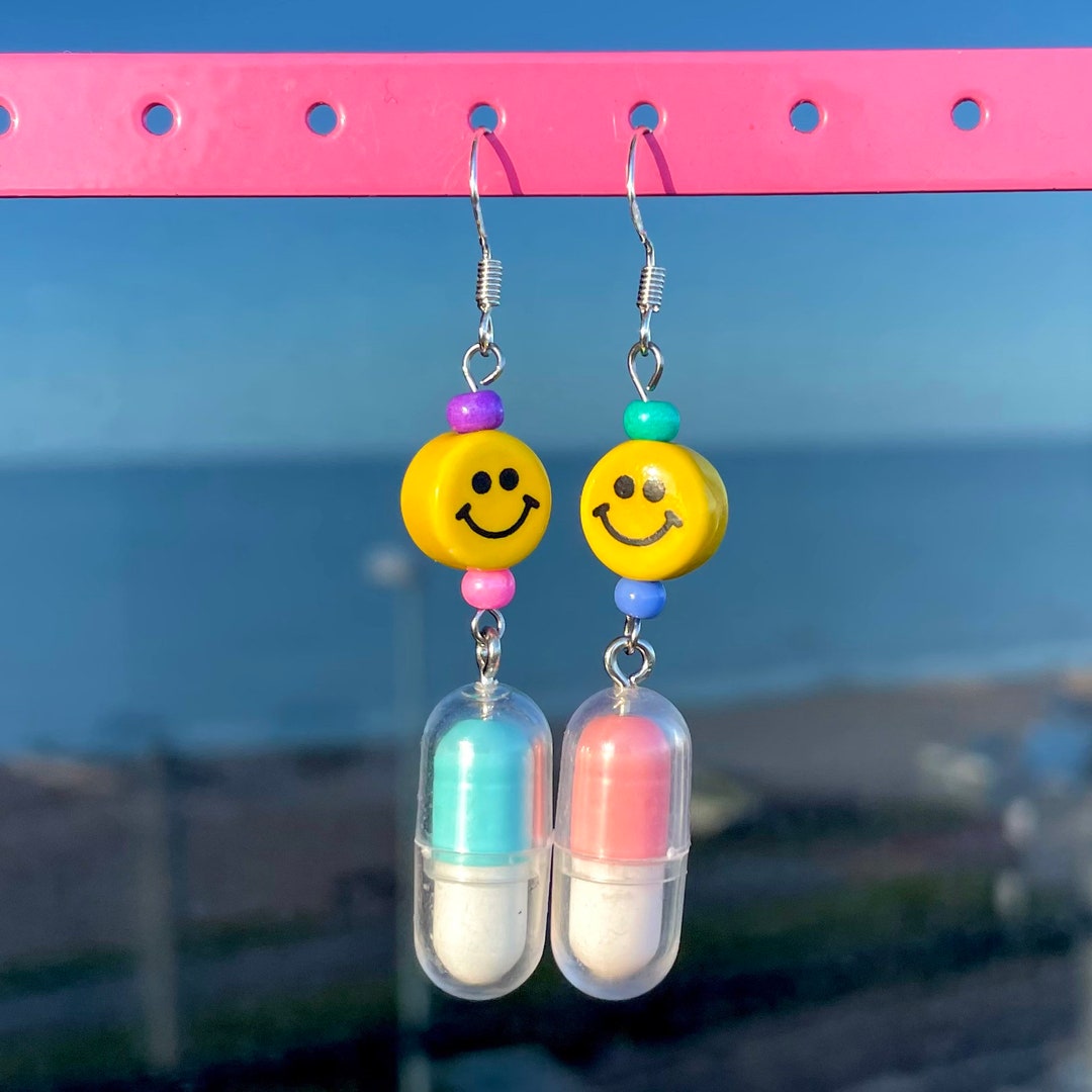 Happy Pill Odd Earrings, Weird Earrings, Silly Earrings, Mismatched ...