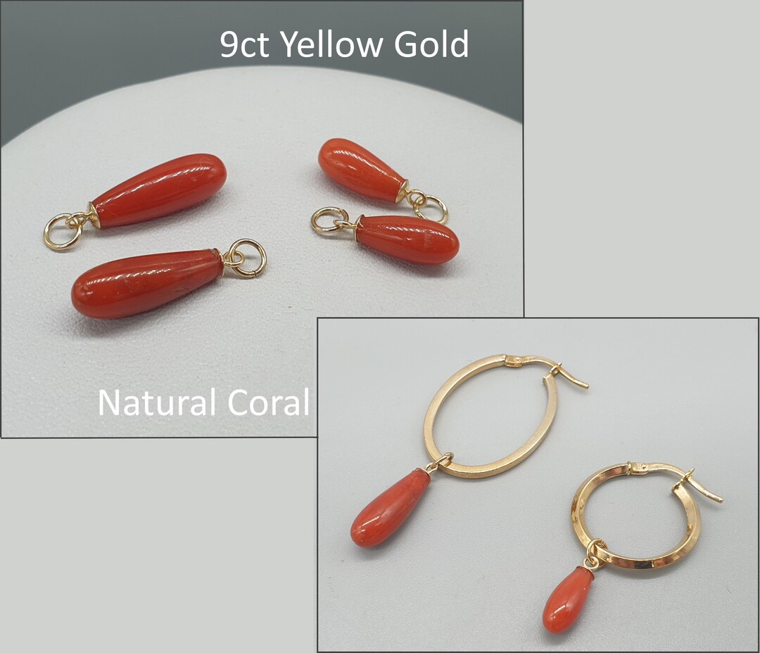 9ct Yellow Gold Red Coral Hooplets, Natural Mediterranean Italian Coral ...