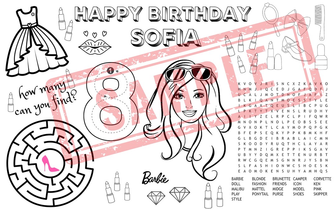Barbie Birthday Activity Sheet - Etsy