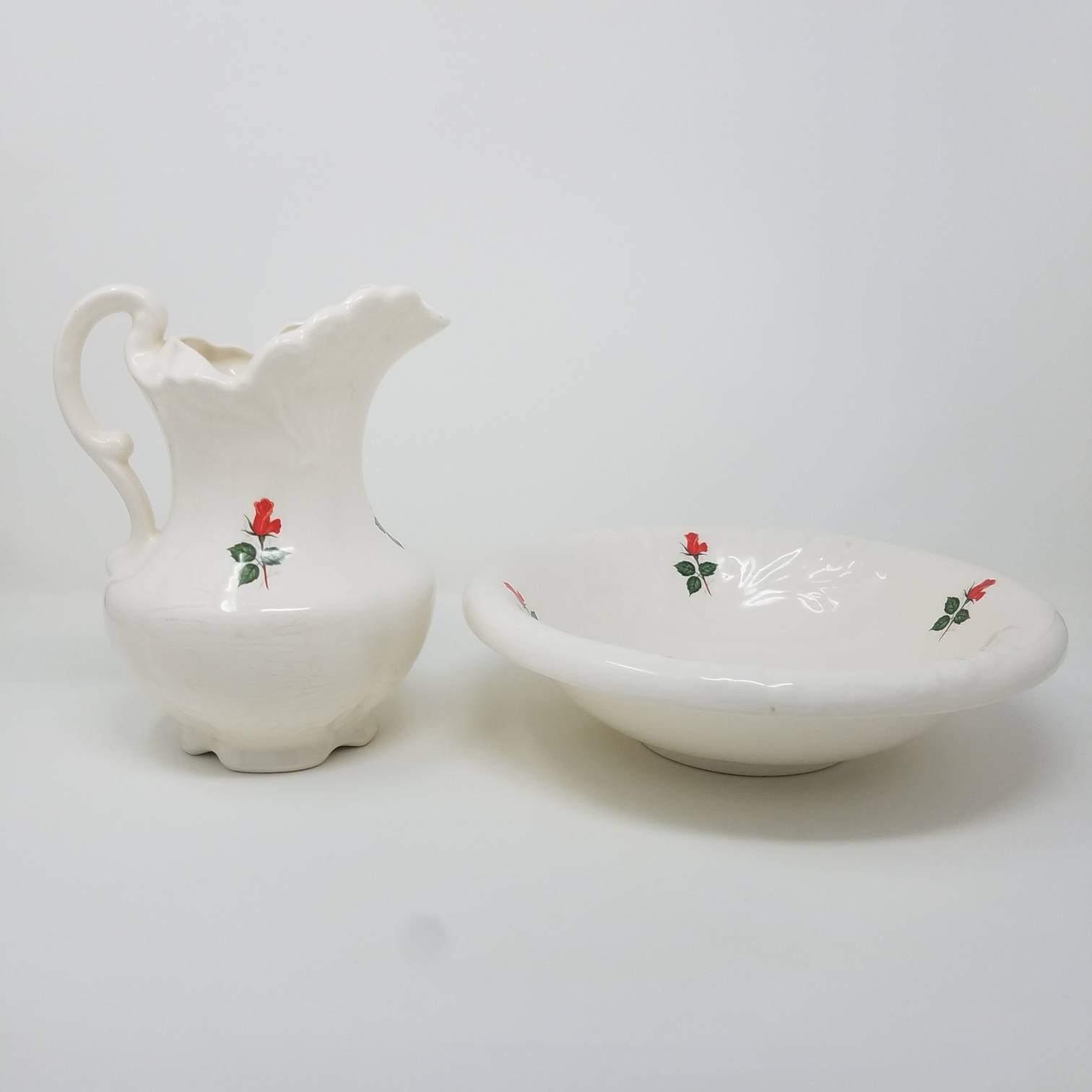Vintage White With Red Mini Rose's Pitcher and Wash Basin Bowl Hand ...