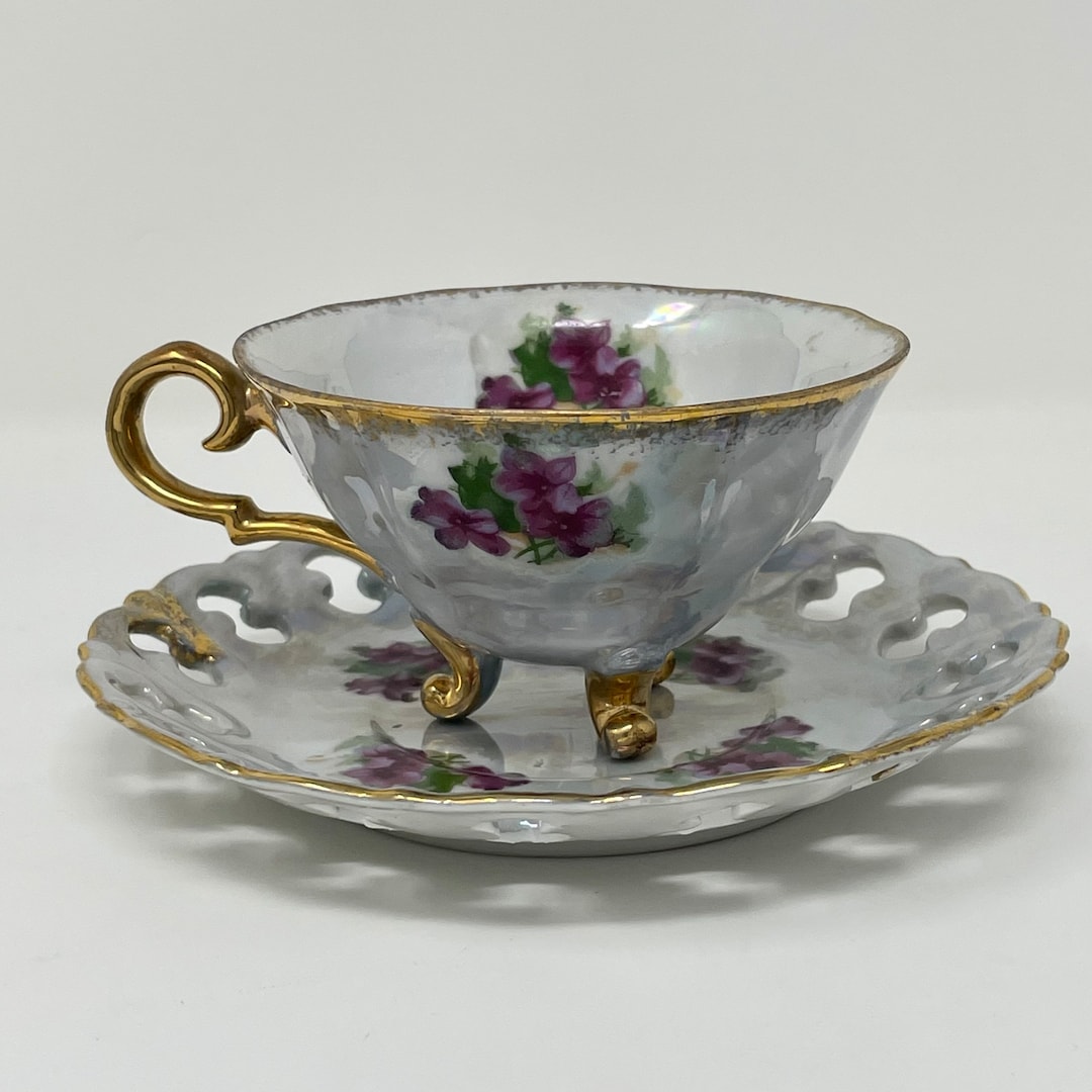 Vintage Floral Accent Opalescent/iridescent Luster Wear Footed Teacup ...