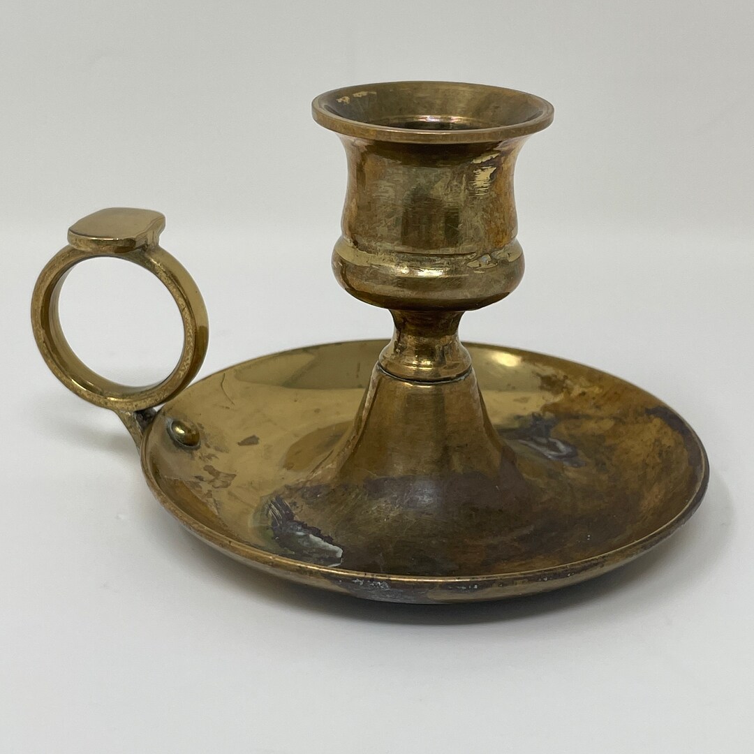 Antique Candlestick Holder England Brass Patina Handheld Portable ...