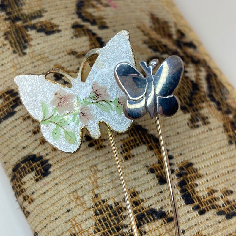 Vintage Butterfly White Pink Flowers Gold Tone Metal Stick Pin, Bonus ...
