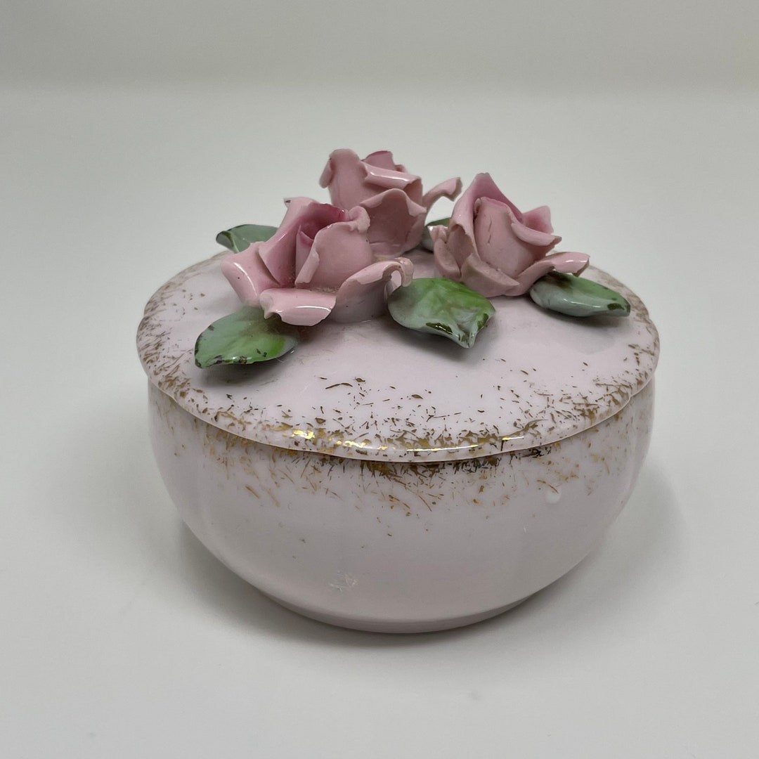 Vintage Lefton Pink Porcelain Trinket Bowl Roses Design With Lid Hand ...