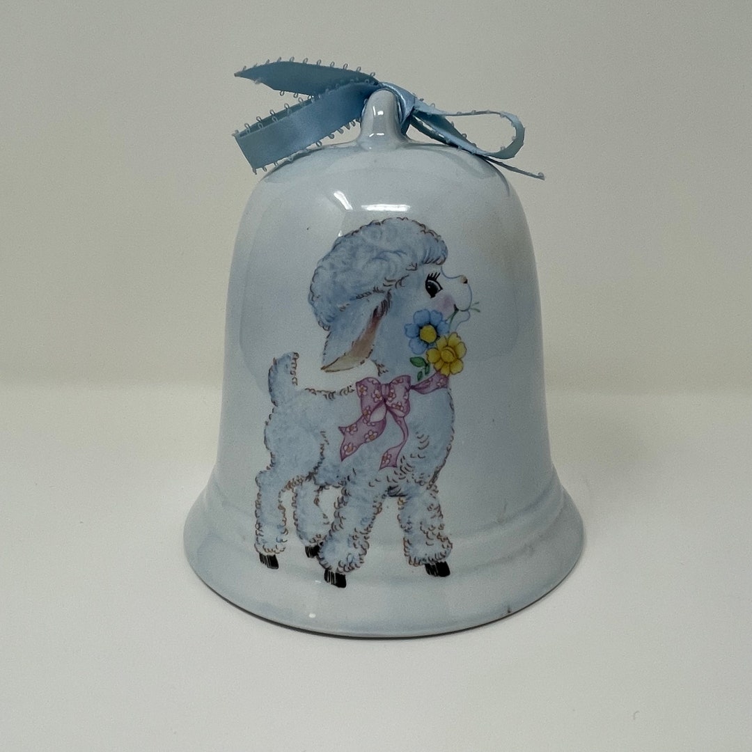 Vintage Porcelain Ceramic Musical Bell Baby Lamb Baby Blue Nursery ...