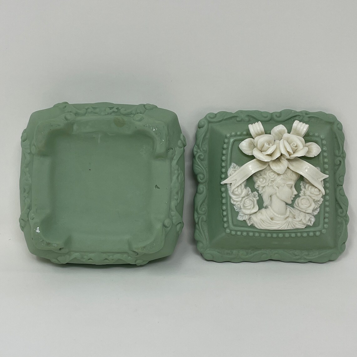 Vintage Trinket Square Keepsake Box Mint Green White Porcelain - Etsy