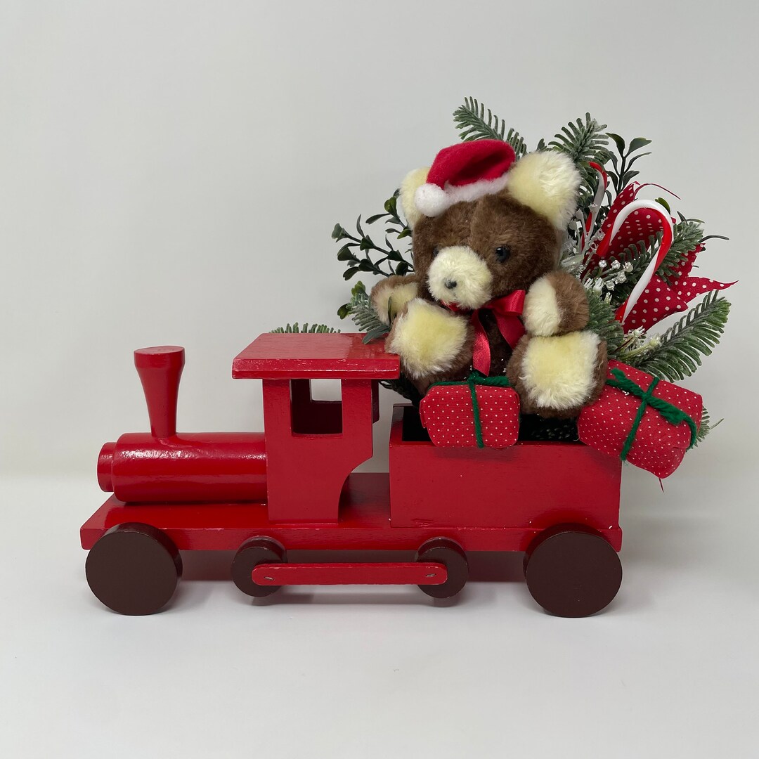 Vintage Handmade Hand Painted Wooden Train Christmas Red Stuffed Animal ...
