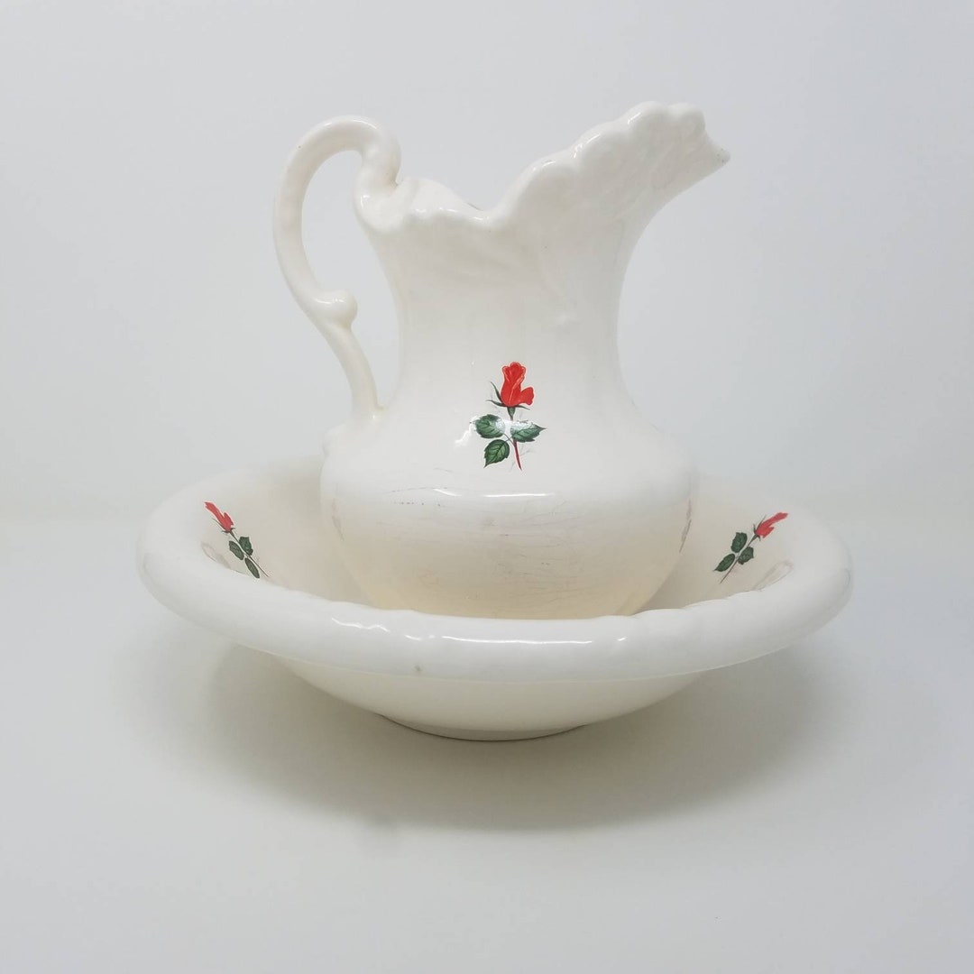 Vintage White With Red Mini Rose's Pitcher and Wash Basin Bowl Hand ...