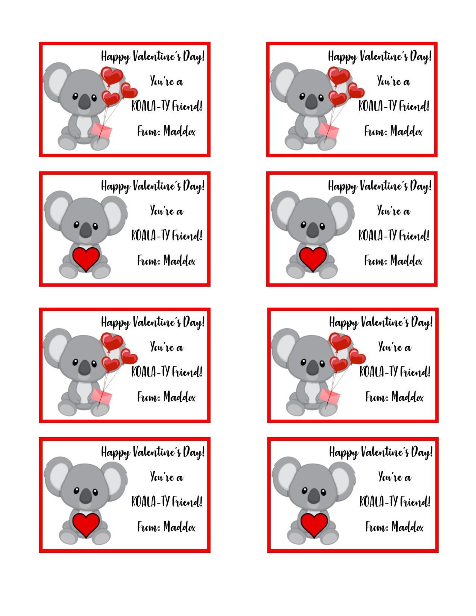 Koala Valentines Day Cards, Valentines for Kids - Etsy