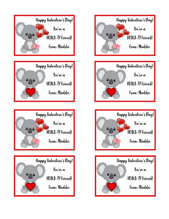 A4 Cute Koala Printable Valentine's Card Girl Valentine 11 x 8.5 ...