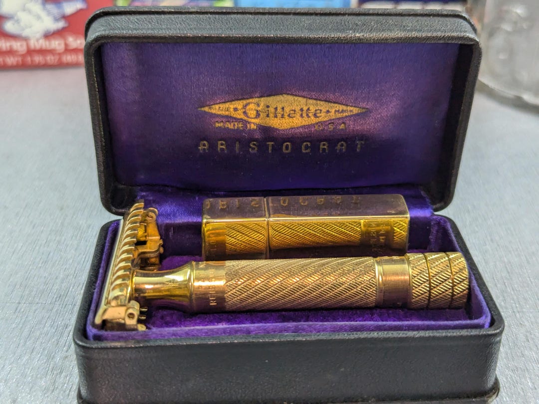 1936 Gillette Gold Aristocrat Open Comb TTO Vintage Safety Razor Set in ...