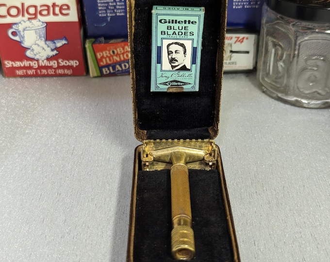 1938 Gillette Gold Sheraton Open Comb TTO Vintage Safety Razor Set in ...