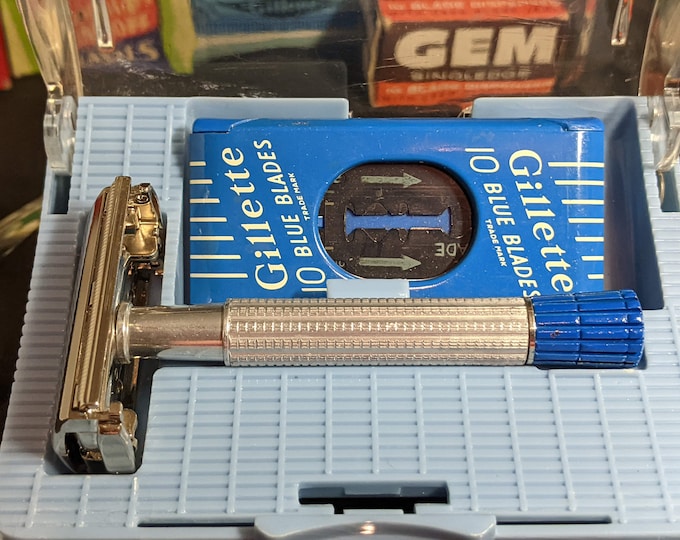 1956 Gillette Blue TIP Super Speed Vintage Safety Razor Set in Case ...