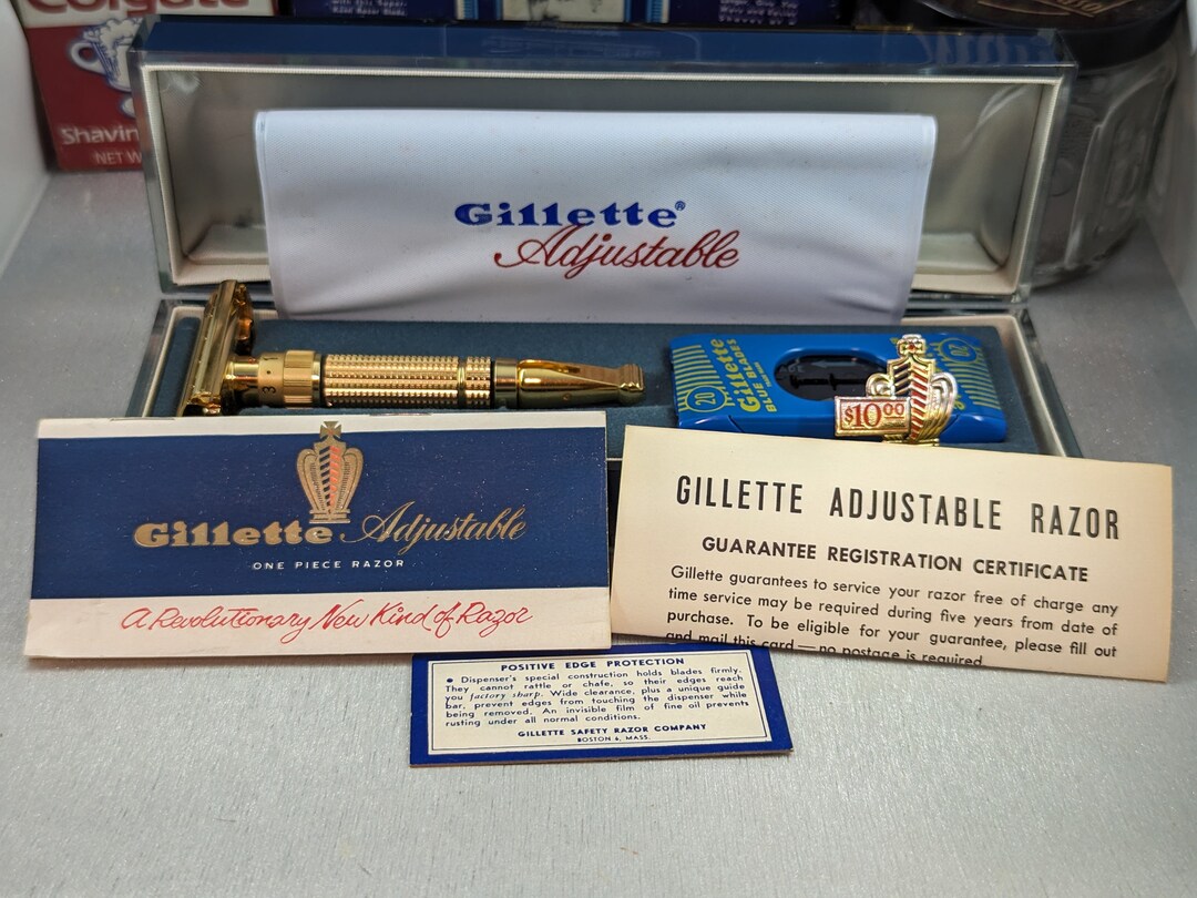 1958 Gillette GOLD TOGGLE ADJUSTABLE Vintage Safety Razor Set With ...