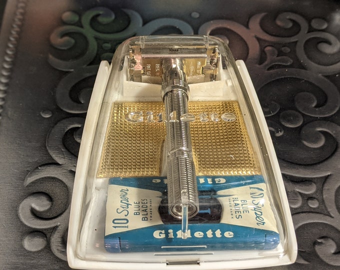 1963 Gillette Slim Adjustable Vintage Safety Razor in GOLD Case With ...