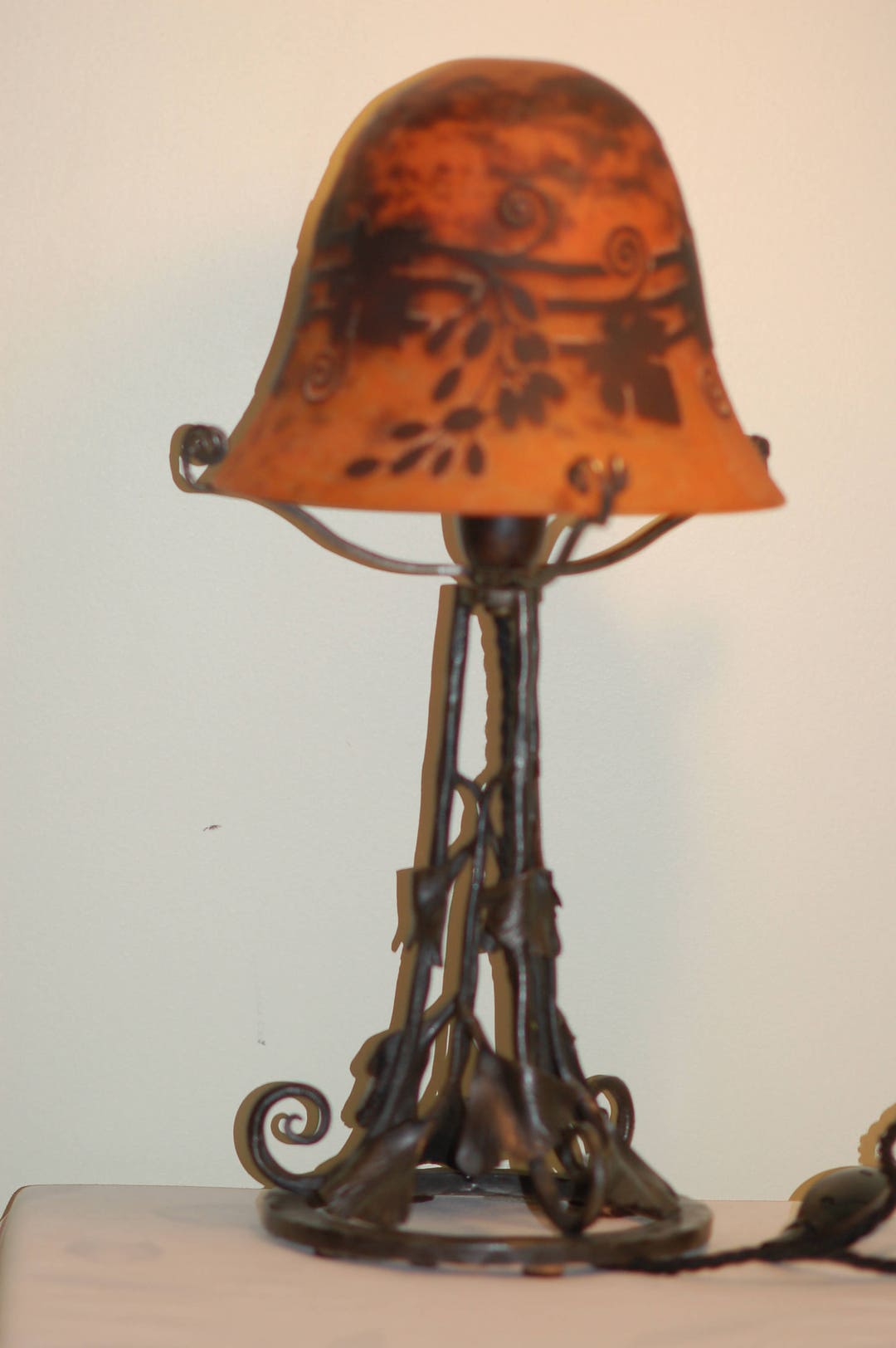 Daum Nancy Cameo Glass Lamp on Edgar Brandt Wrought Iron Base (both ...