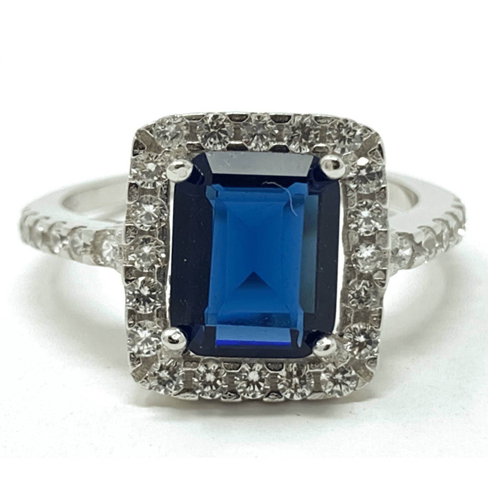 Emerald Cut Blue Sapphire & CZ Sterling Silver Ring Engagement - Etsy UK