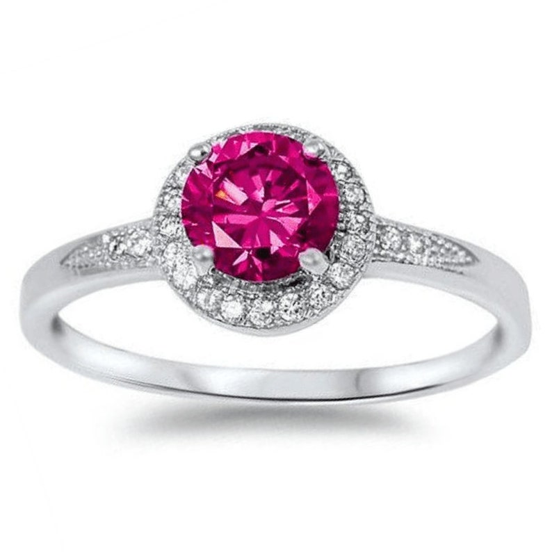 Halo Solitaire Ruby Red Sterling Silver Ring Simulated Diamond - Etsy