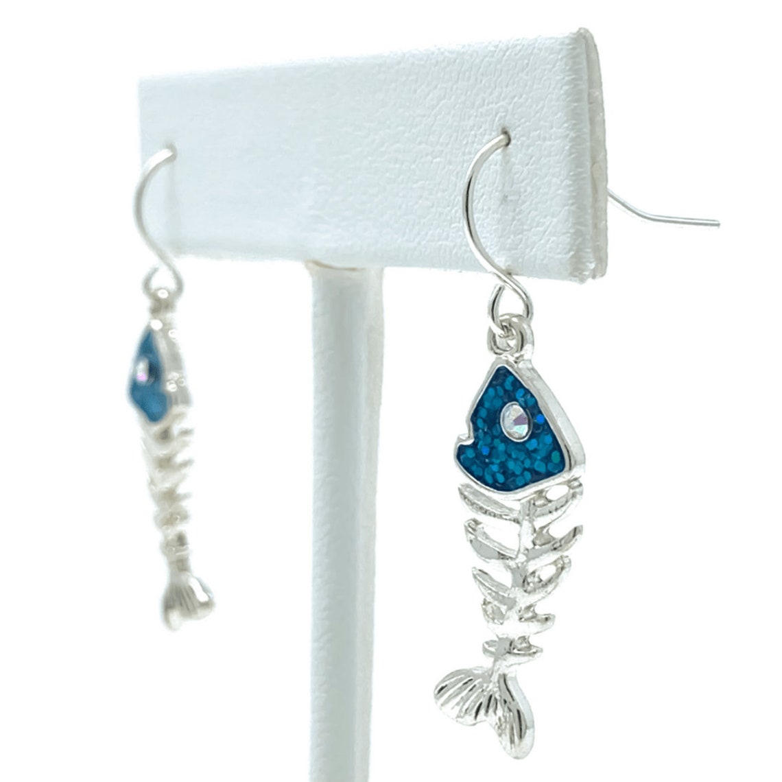 Silver & Blue Fish Bone Dangle Earrings With Rhinestone - Etsy