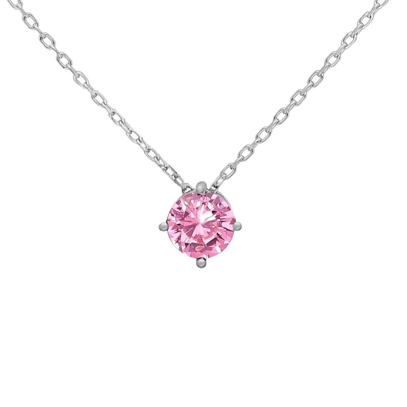 Pink Sterling Silver Chain Necklace, Simple Dainty Birthstone Cubic ...