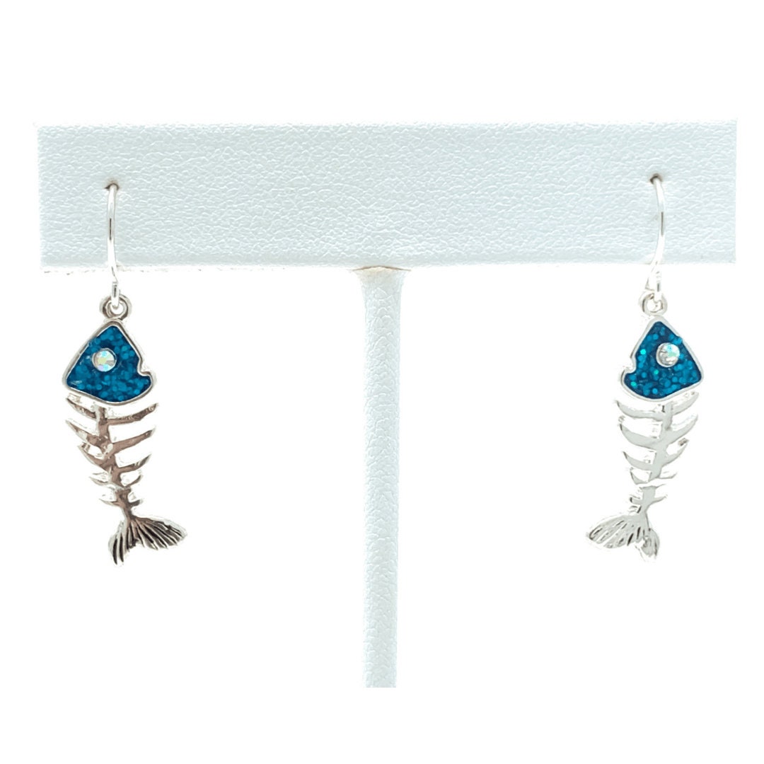 Silver & Blue Fish Bone Dangle Earrings With Rhinestone - Etsy