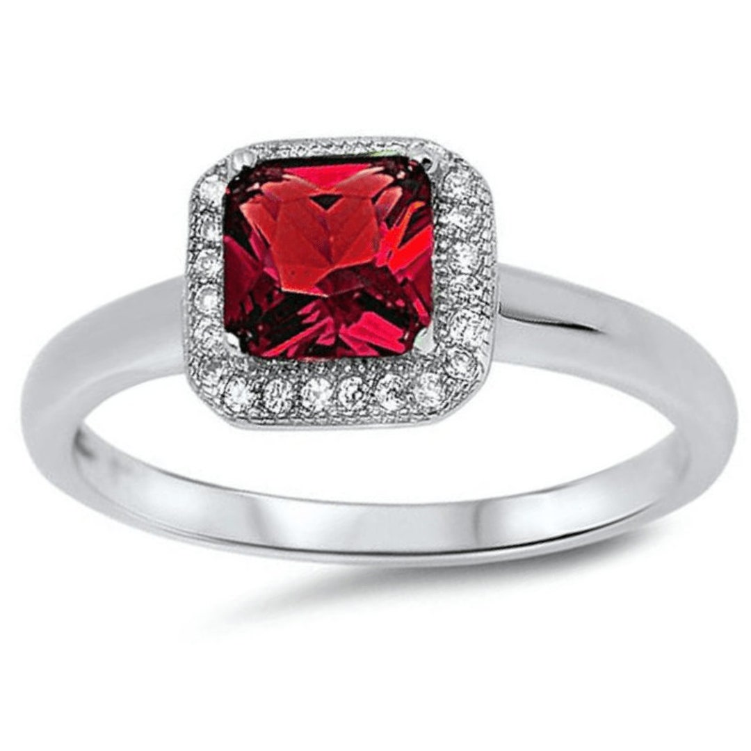 Halo Cushion Cut Red Ruby CZ Sterling Silver Ring Simulated Diamond CZ ...