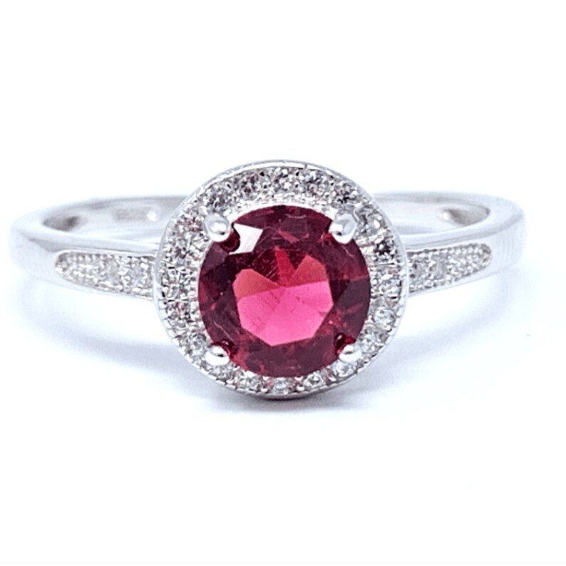 Halo Solitaire Ruby Red Sterling Silver Ring Simulated Diamond - Etsy
