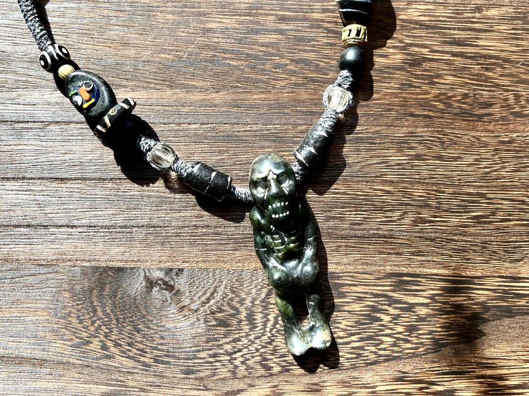 Neolithic Antique Black Jade Stone Carved Skeleton Necklace, Cord ...