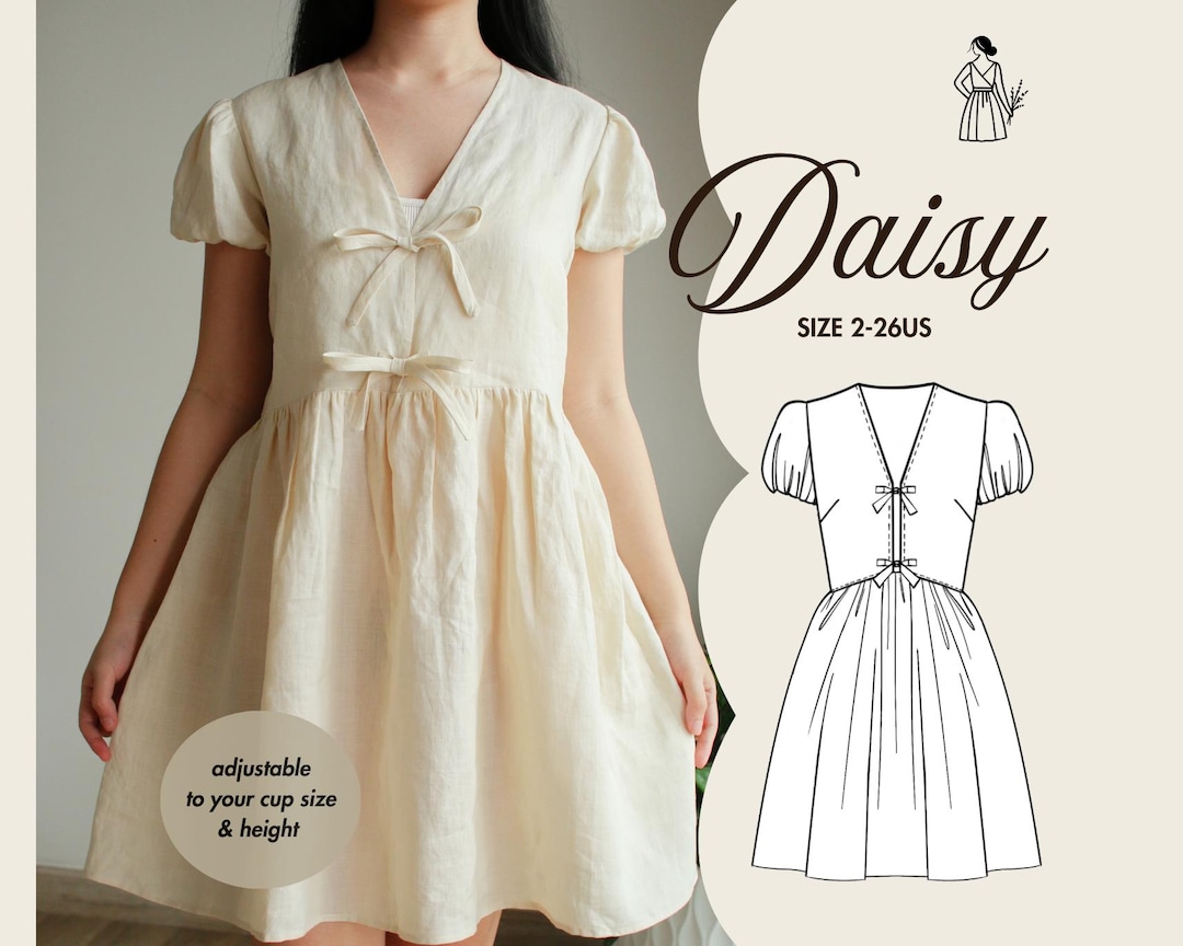 DAISY | Linen Tie Front Babydoll Dress Pattern, Puff Sleeve, GANNI ...