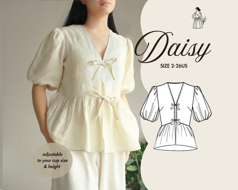 DAISY | Linen Puff Sleeve Tie Front Top V Neck Blouse PDF Sewing ...