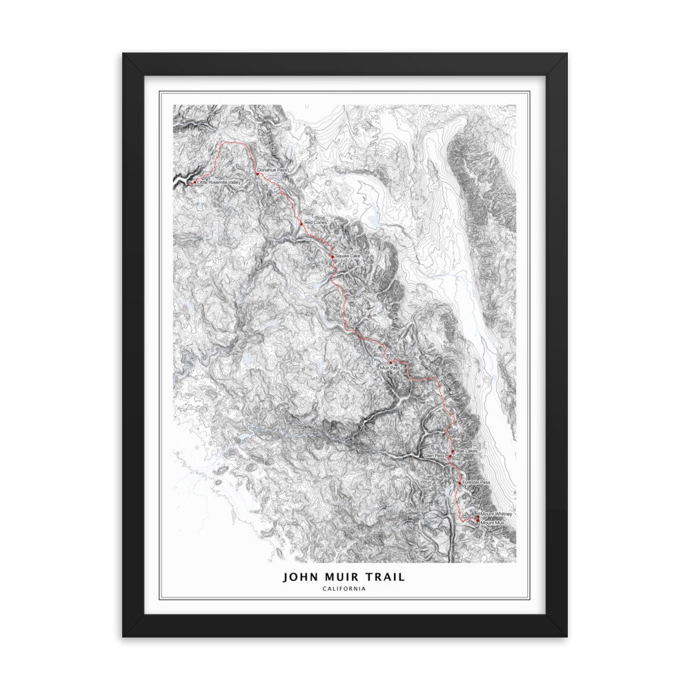 John Muir Trail Map Poster, California Mountaineering and National ...